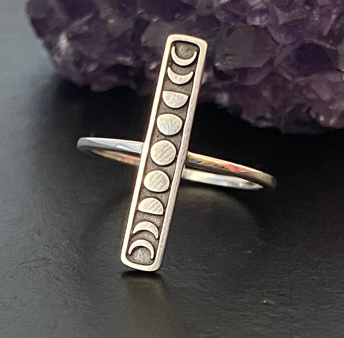 Moon phases ring, 925 sterling silver, anti tarnish, stack ring, Bar r — San José Made